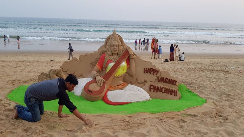 Saraswati Puja Manas Sahoo creates sand art of Goddess on Puri beach
