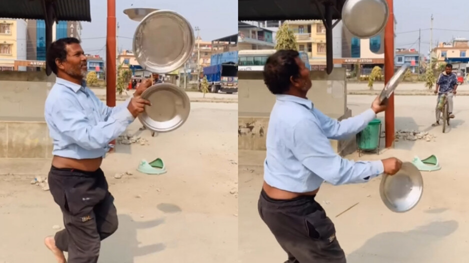 Man juggling plates in street performance highlights hardships; video ...